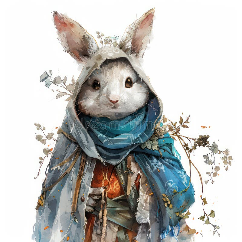 A White Rabbit with Large Ears and a Blue Scarf and Cloak, Holding a ...