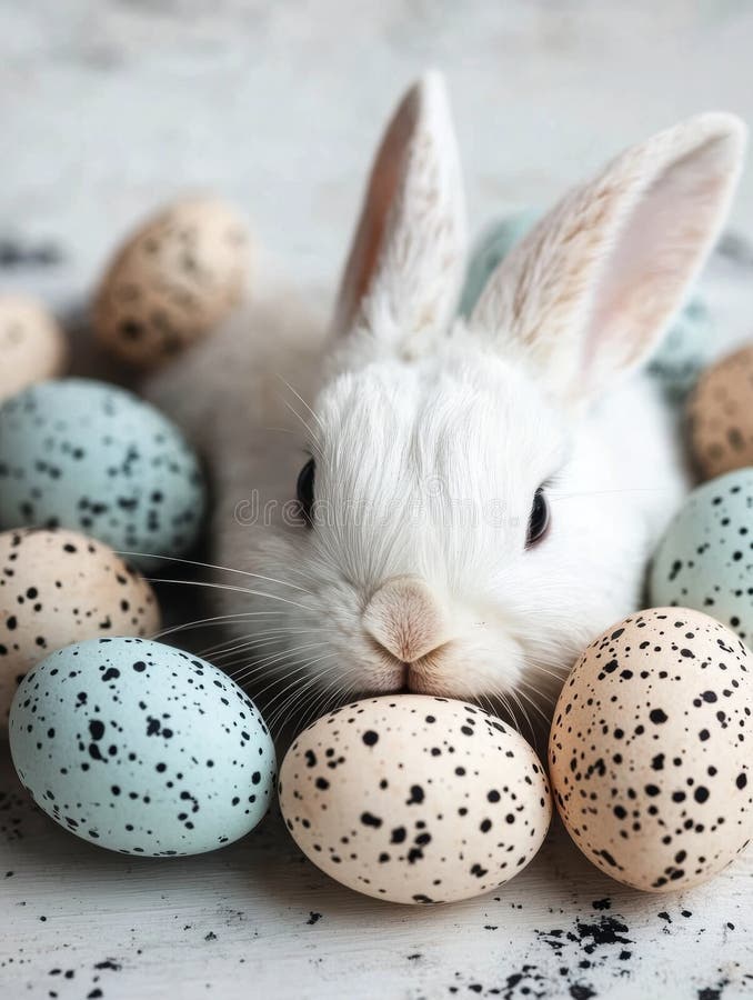 A White Rabbit is Laying on Top of a Pile of Eggs Stock Illustration ...
