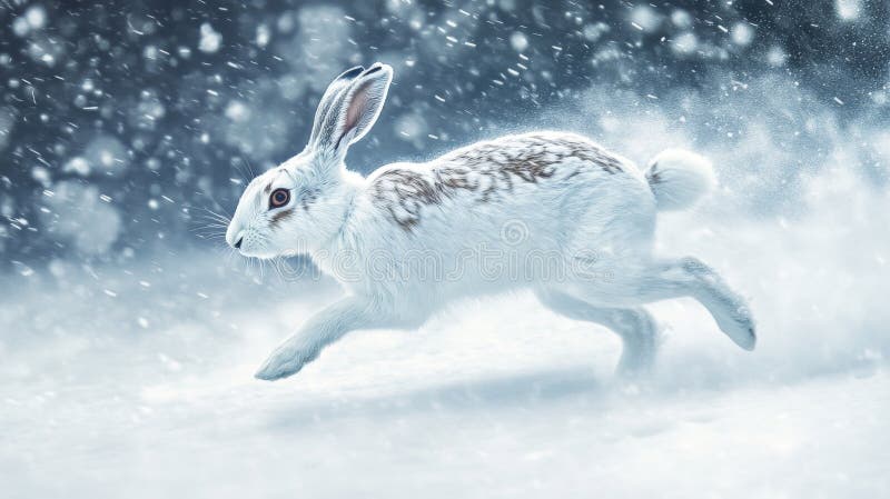 A White Rabbit Leaping through Snow Flurries Stock Illustration ...