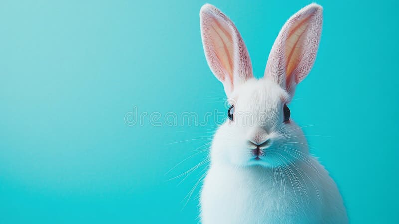White Rabbit with Long Ears Against a Bright Blue Background in a ...