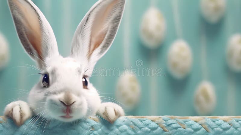 A White Rabbit with Long Ears Peeking Over a Surface. Curious Bunny ...