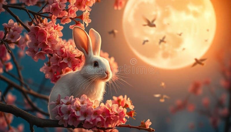 White Rabbit Sitting Branch Tree Flowers Stock Photos - Free & Royalty ...