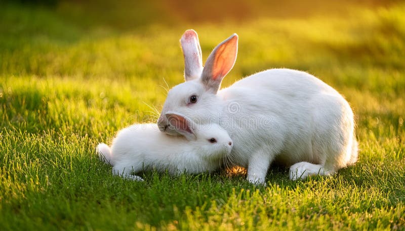 White Rabbit Mum Cuddling Her Cub on the Grass, AI Generated Stock ...