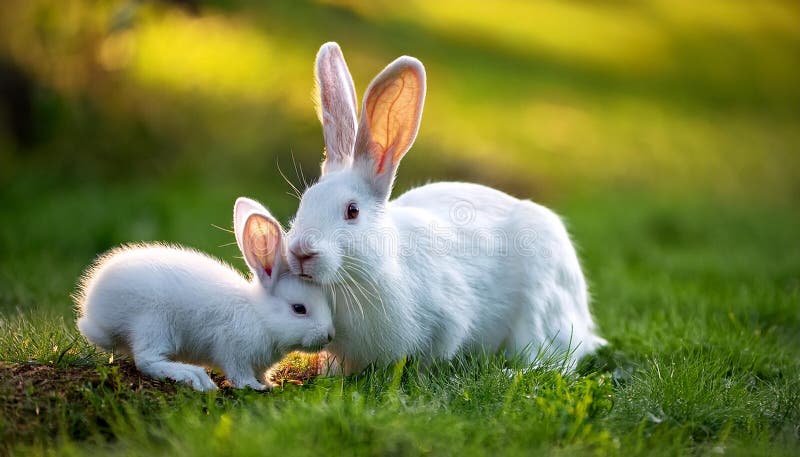 White Rabbit Mum Cuddling Her Cub on the Grass, AI Generated Stock ...