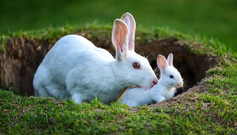 White Rabbit Mum Cuddling Her Cub on the Grass, AI Generated Stock ...