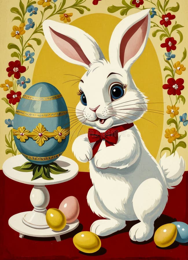 White Rabbit Next To a Decorated Easter Egg, on a Floral Background ...