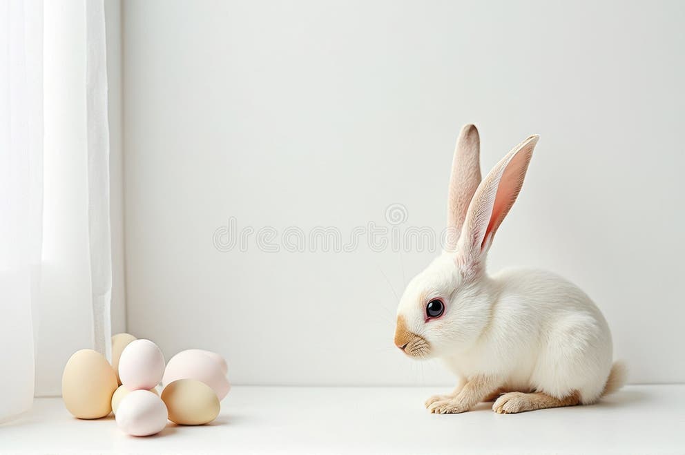 White Rabbit Observing Group of Eggs in Minimalist Setting Stock Image ...