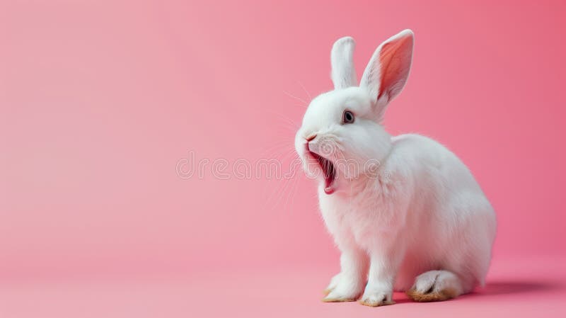 White Rabbit with Open Mouth on Pink Background, Easter Concept. Stock ...