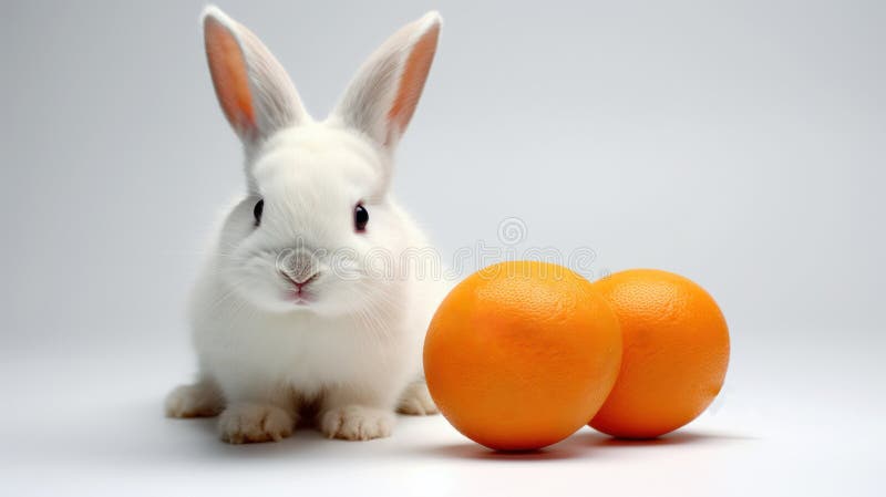 White Rabbit and Oranges on a Light Blue Background. with Copy Space ...