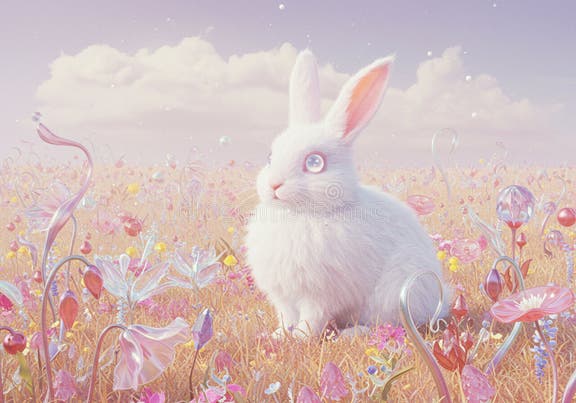A White Rabbit with Oversized, Expressive Eyes Sits in a Whimsical ...
