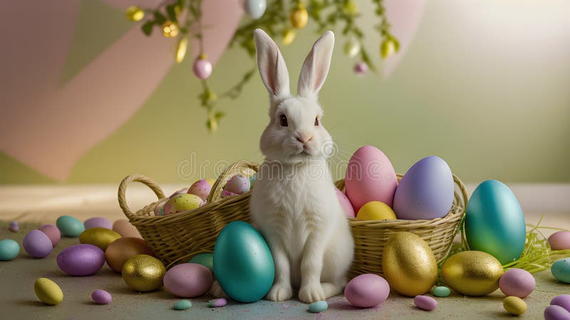 White Rabbit with Pastel Easter Eggs on Forest Path in Sunlight Stock ...