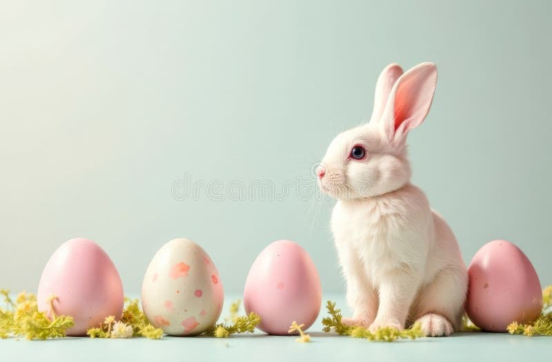 White Rabbit with Pastel Easter Eggs, Soft and Festive Spring ...