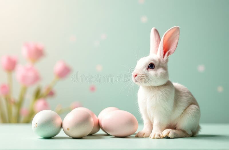 White Rabbit with Pastel Easter Eggs, Soft and Festive Springtime ...