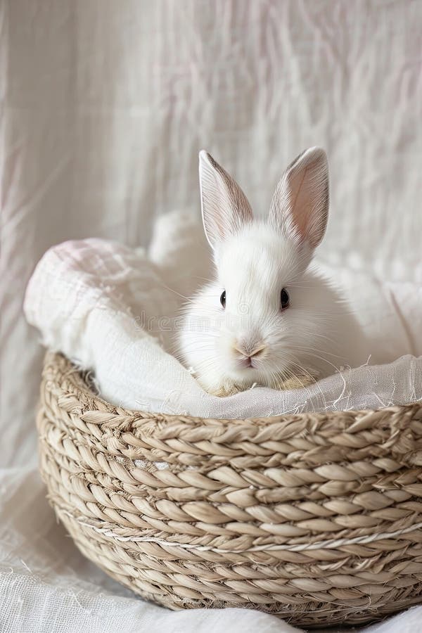 White Rabbit Peeking Out from Wicker Basket, Embodiment of Curiosity ...