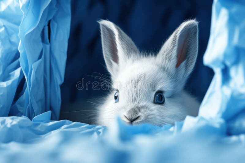 White Rabbit Peeking at Something through a Blue Background Stock Photo ...