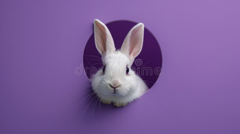 White Rabbit Peeking through Violet Hole, Studio Shot. Animal and ...