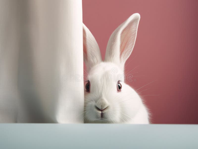 White Rabbit Peeks Out with Interest from Behind a Red Curtain Stock ...