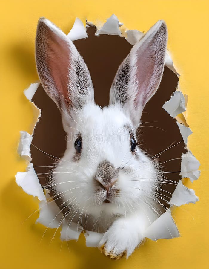 A White Rabbit Peeks through a Torn Yellow Paper Background, Creating a ...