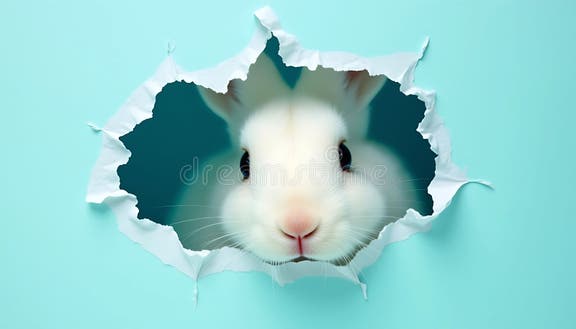 A White Rabbit Peering through a Torn Hole in a Light Blue Paper ...