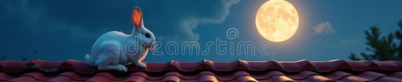White Rabbit Perched on Red Tile Roof Under Full Moon , Red ...