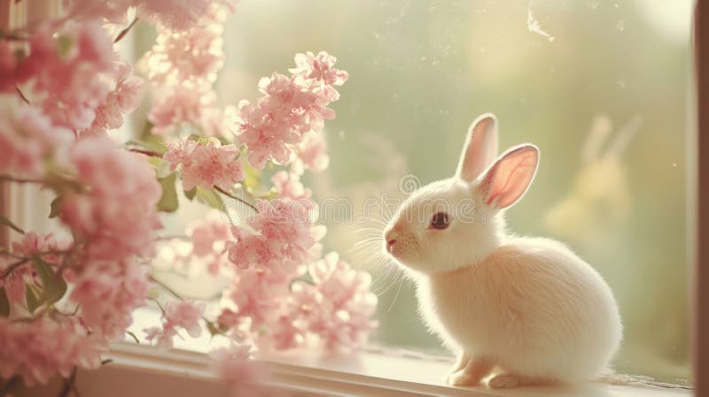 A White Rabbit Perches on a Window Sill beside a Vibrant Flower ...