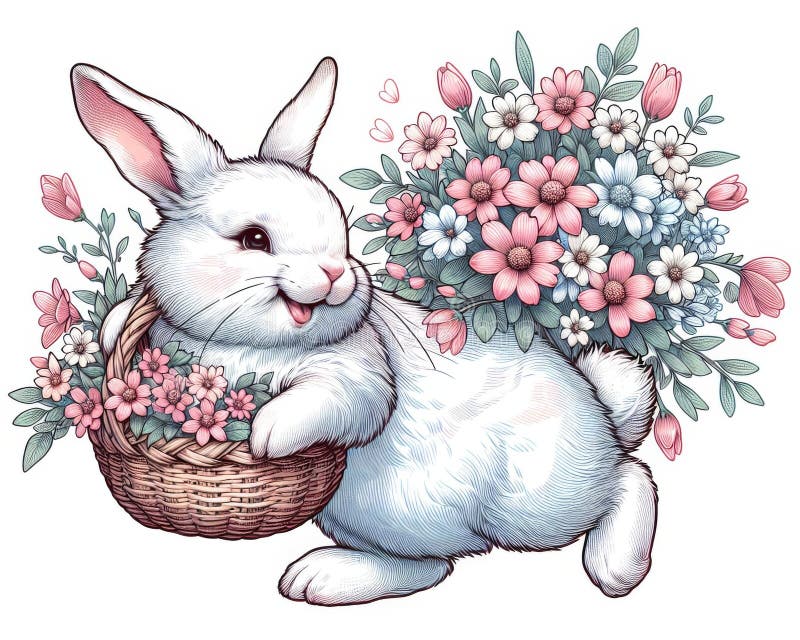 White Rabbit with Pink and Blue Flowers Stock Illustration ...