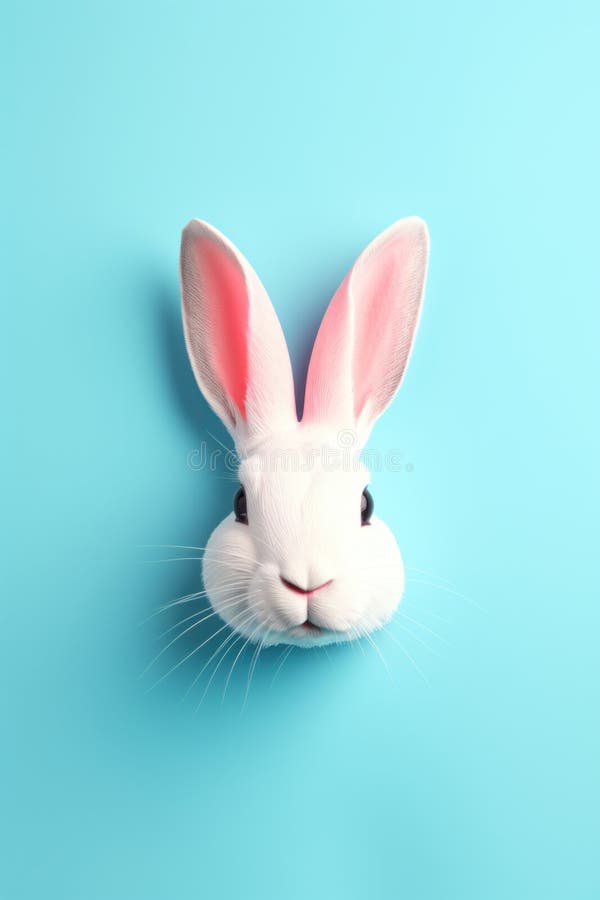 A White Rabbit with Pink Ears on Blue. Stock Image - Image of ...