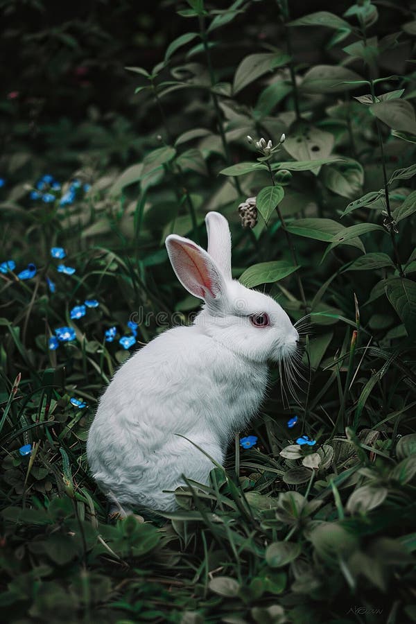 A White Rabbit with Pink Eyes Sits in a Bed of Green Grass and Blue ...