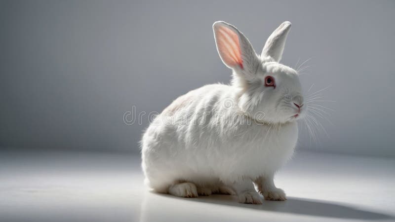 A White Rabbit with Pink Eyes Sits Gracefully on a Surface, Illuminated ...