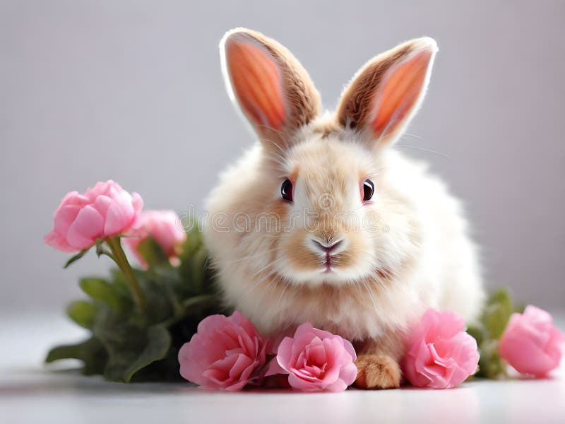 White Rabbit with Pink Flowers Stock Illustration - Illustration of ...