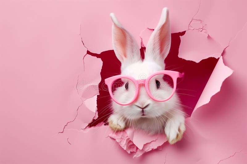 White Rabbit with Pink Glasses Peeking through Hole in Pink Wall Stock ...