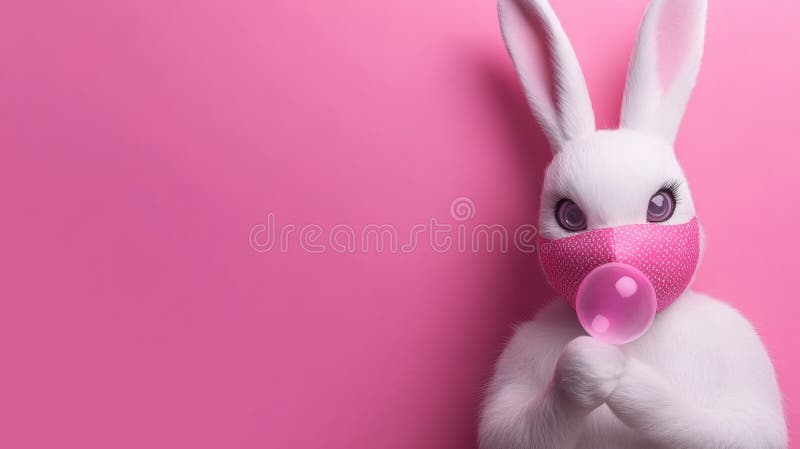 A White Rabbit with a Pink Mask Blowing Bubbles, AI Stock Image - Image ...