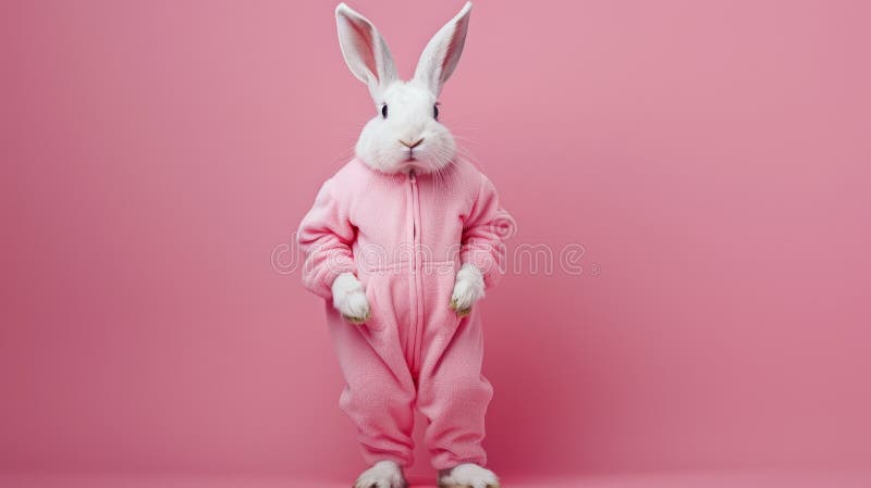 White Rabbit in Pink Outfit on Pink Background Stock Photo - Image of ...