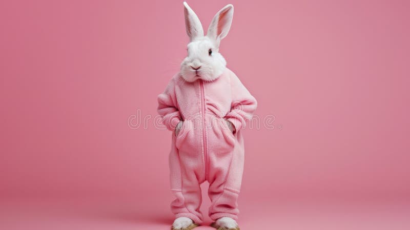 White Rabbit in Pink Outfit on Pink Background Stock Image - Image of ...