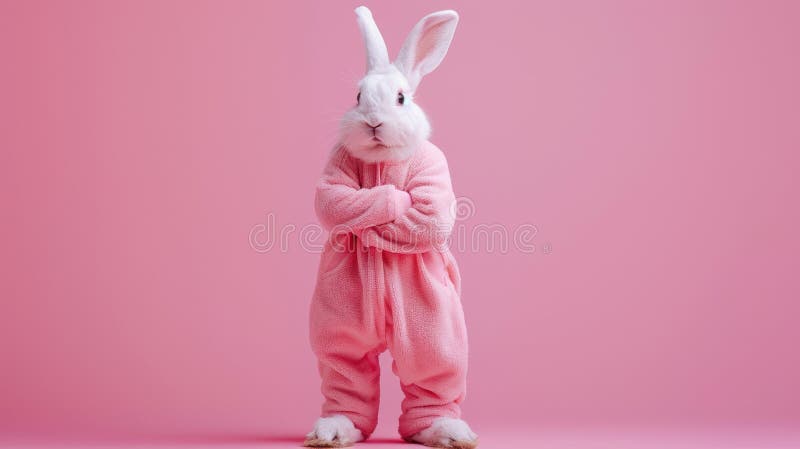 White Rabbit in Pink Overalls on Pink Background Stock Photo - Image of ...