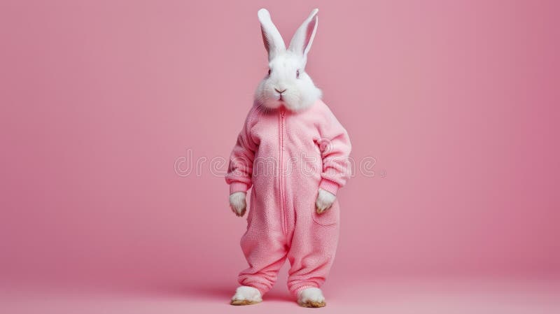 White Rabbit in Pink Overalls on Pink Background Stock Photo - Image of ...