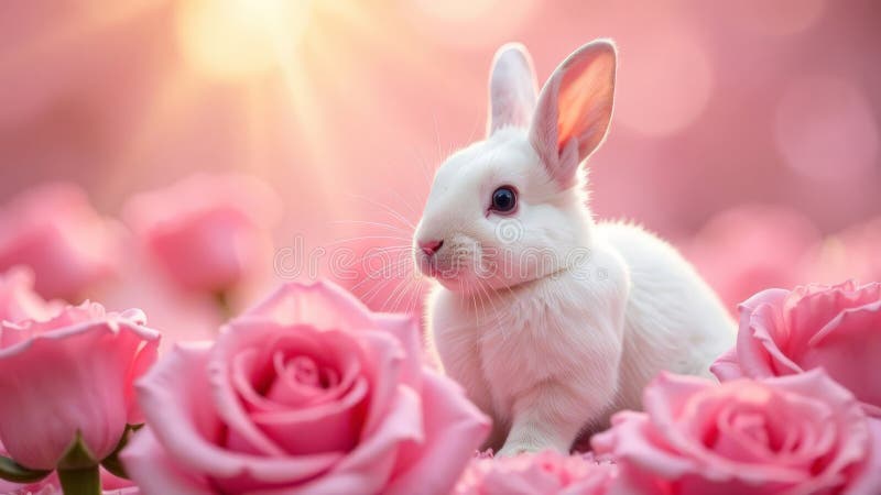 White Rabbit in Pink Rose Buds Stock Illustration - Illustration of ...
