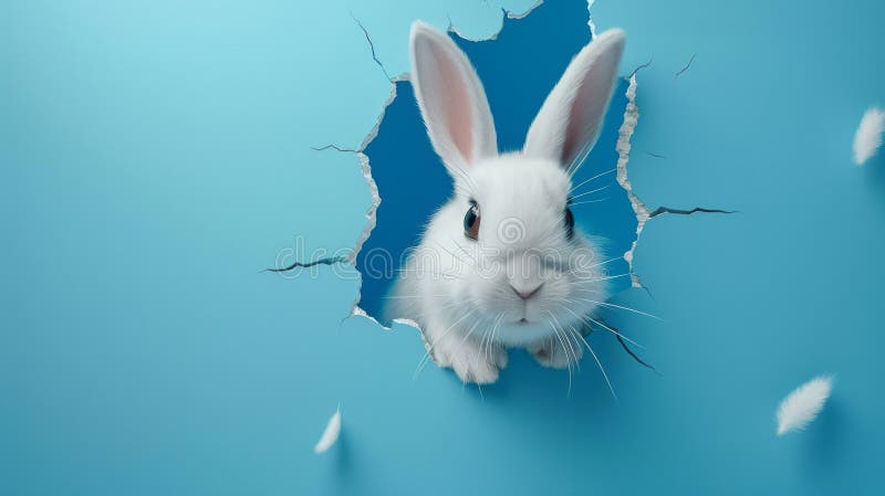 White Rabbit Pokes Its Head through Hole in Blue Wall Stock Image ...