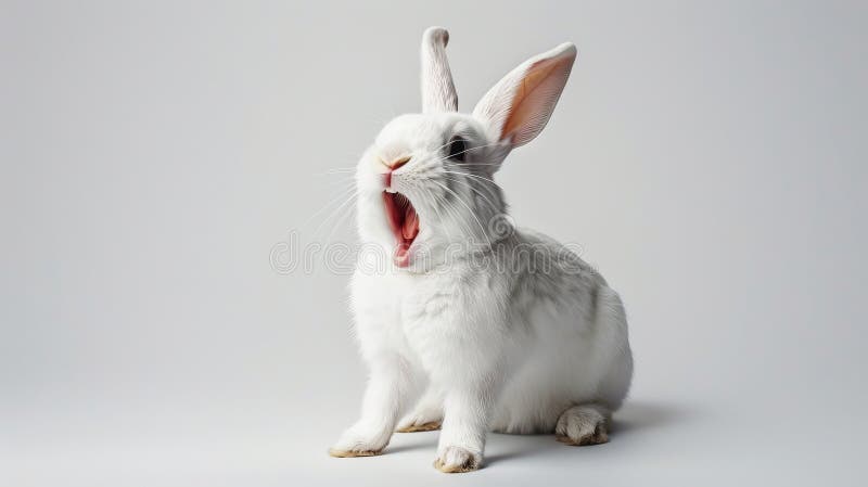 A White Rabbit Poses Against a White Backdrop with Its Mouth Open Stock ...