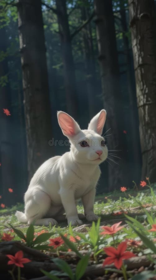 White Rabbit Resting in Sun-dappled Forest Meadow Surrounded by Red ...