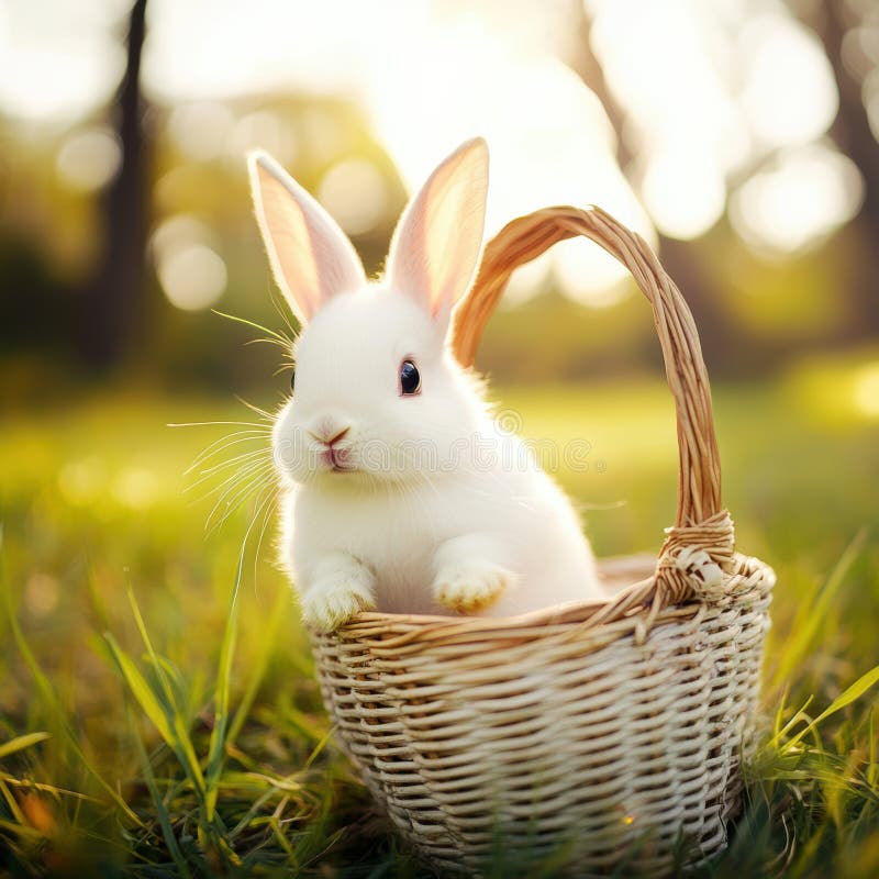 A White Rabbit Rests in a Basket Surrounded by Green Grass, Capturing the Essence of Easter Joy ...