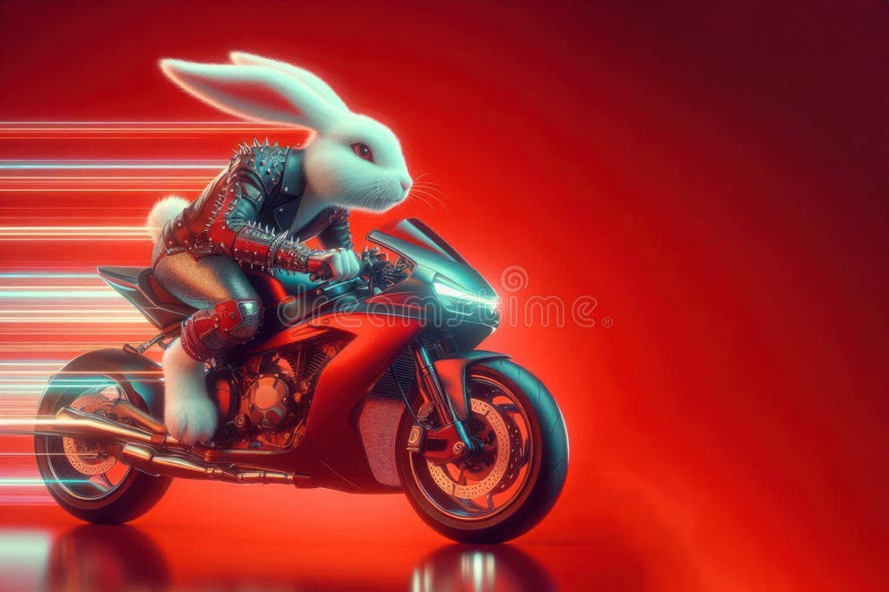 A White Rabbit Riding a Motorcycle. Space for Text. Stock Image - Image ...
