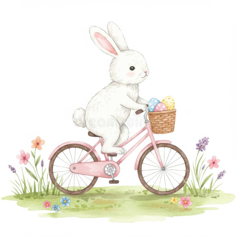 White Rabbit Riding Pink Bicycle with Easter Eggs Stock Illustration ...