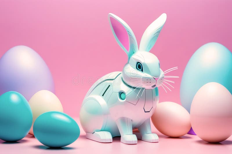 White Rabbit Robot Sits among Multi-colored Easter Eggs, Poised on a ...