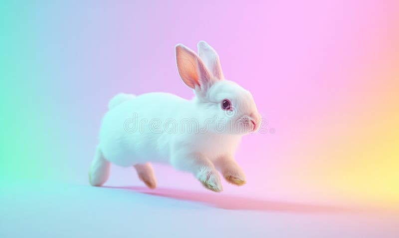 A White Rabbit is Running on a Colorful Background Stock Image - Image ...