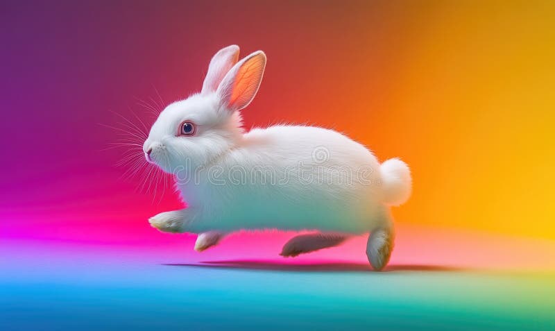 A White Rabbit is Running on a Colorful Background Stock Illustration ...