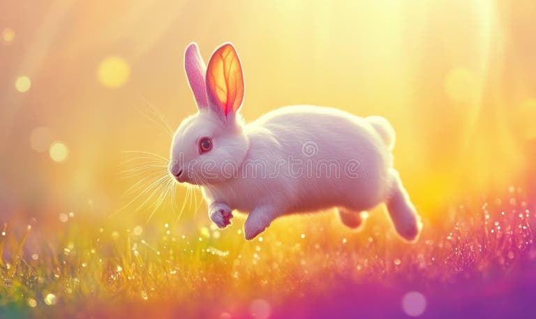 A White Rabbit is Running through a Field of Grass Stock Photo - Image ...