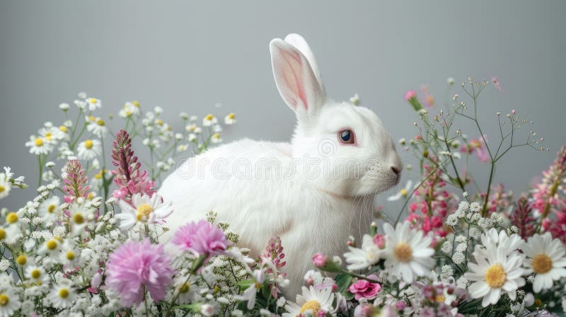 A White Rabbit Seated in the Lower Right Corner beside Spring Flowers ...