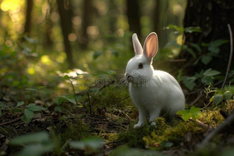 White Rabbit in a Serene Forest Setting Stock Illustration ...