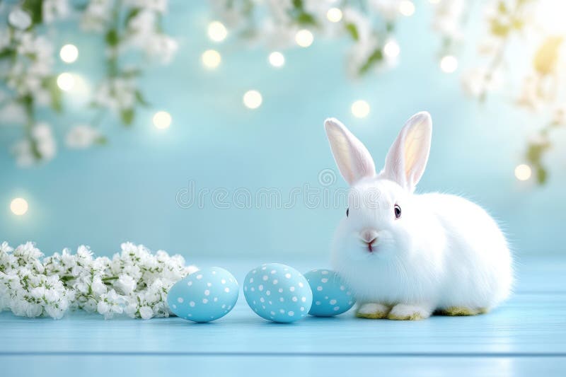 A White Rabbit Sits beside Blue Eggs in a Charming Spring Scene. Stock ...